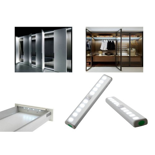Motion Sensor Cabinet Wardrobe 10-LED Light Battery Powered PIR Lamp